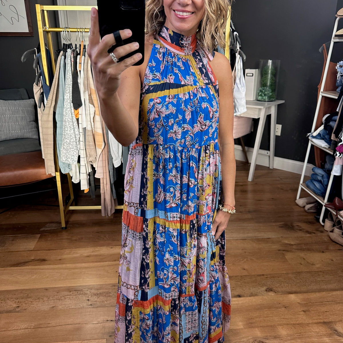 Heart of Gold High-Neck Patchwork Dress - Blue Combo – Anna Kaytes Boutique