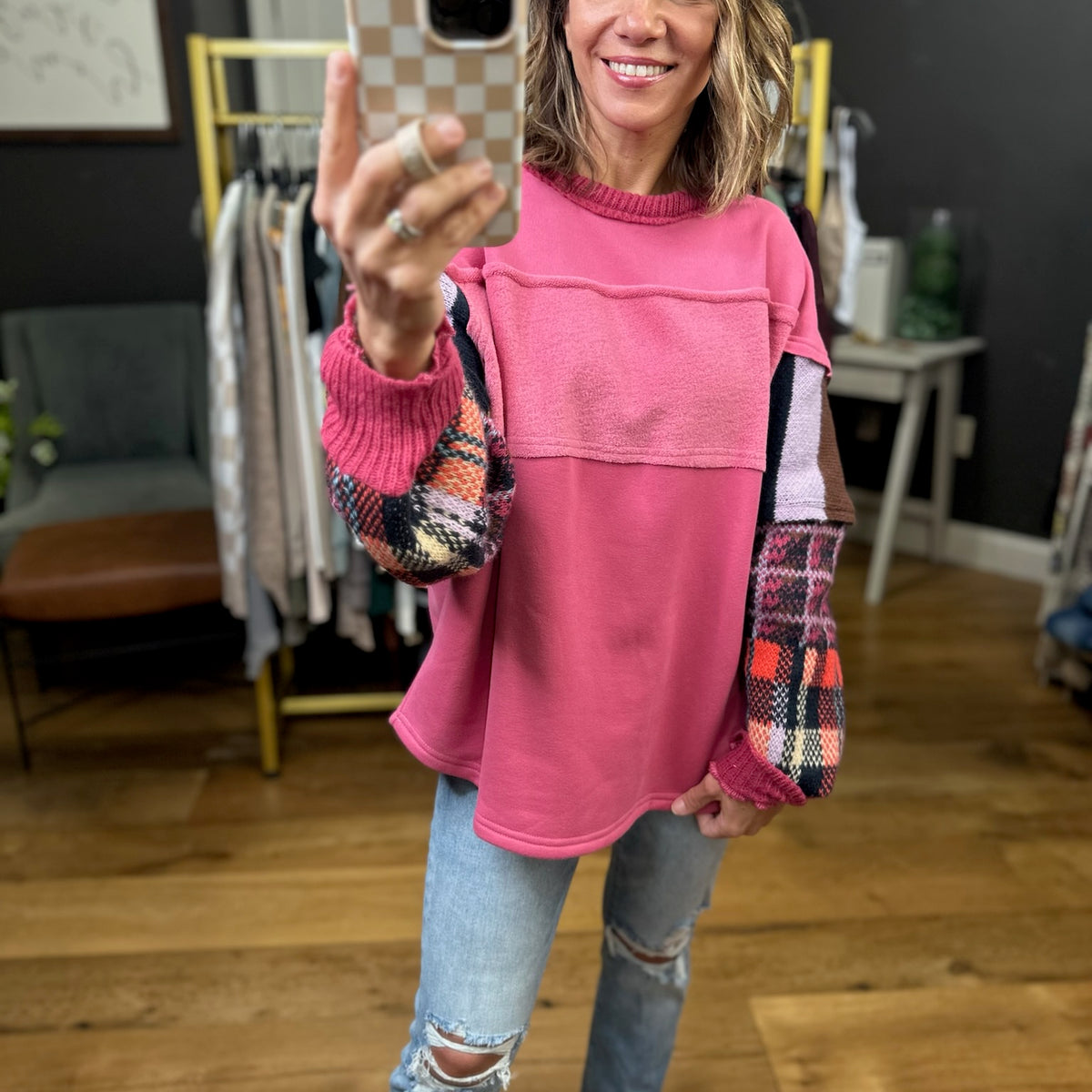 Tell The Difference Plaid Contrasting Oversized Crew - Dusty Rose ...